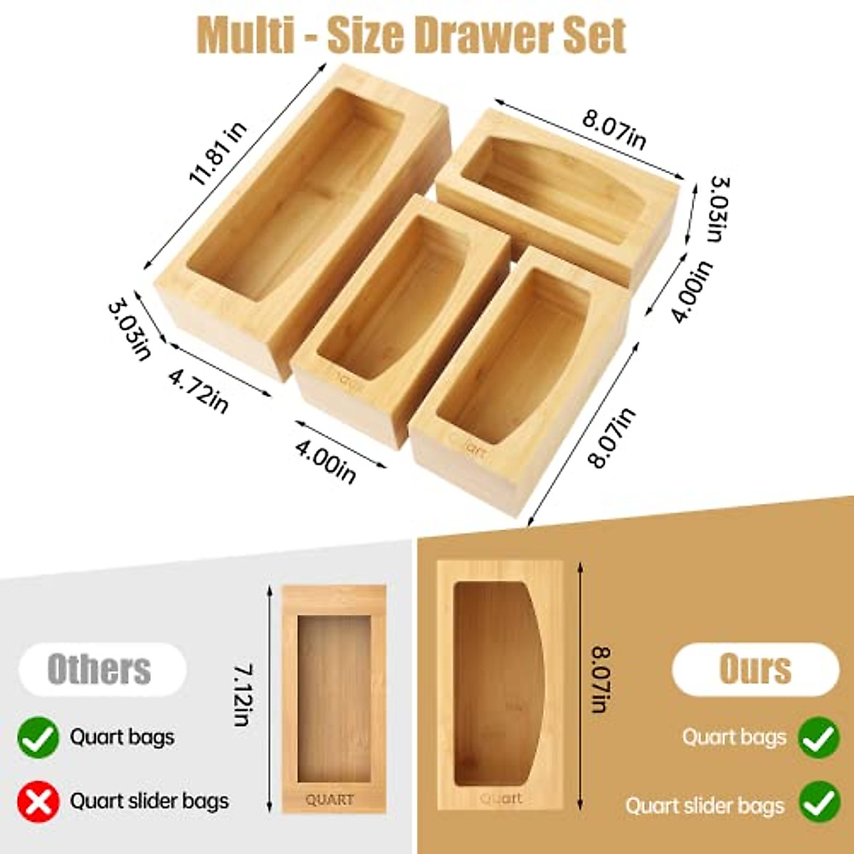 Vivnoon Ziplock Bag Organizer 4pcs Separate Bamboo Drawer Organizer, Food Storage Bag Organizer, Kitchen Baggie Organization Drawer for Gallon, Quart, Sandwich and Snack Bag