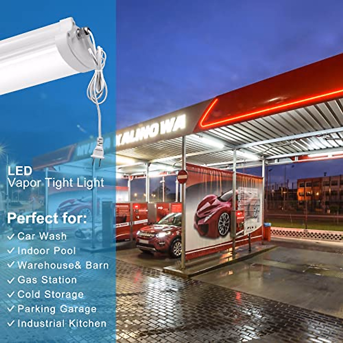 8ft Flush Mount Vapor Tight Light, LED Shop Lights Fixture with 5ft Plug and Play for Special Wet Location and Celling Fixture Industry and Commercial Illumination (4 Pack)