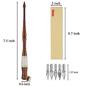 Yoption Wood Calligraphy Oblique Dip Pen Holder Set, Removable Nib Pen Handle Stand with 5 Flat Nibs Kit
