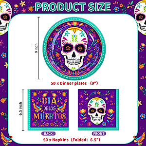 DYLIVeS Day of the Dead Plates and Napkins Party Supplies, Dia de Los Muertos Plates and Napkins Set Sugar Skull Disposable Dinnerware for Mexican Fiesta Carnival Halloween Party Decorations, Serve 50