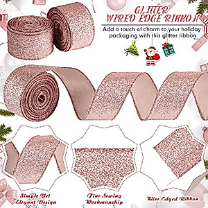 2 Roll 20 Yards Valentine's Day Ribbons Glitter Thick Ribbon Metallic Wired Ribbon for Gift Wrapping Valentine Bouquet DIY Crafts Wedding Xmas Party Wrapping Decorations (Rose Gold, 1.5 Inch)