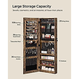 SONGMICS Jewelry Cabinet Armoire, Lockable Wall-Mounted Storage Organizer Unit with 2 Plastic Cosmetic Trays, Full-Length Frameless Mirror, Textured Brown UJJC001X01