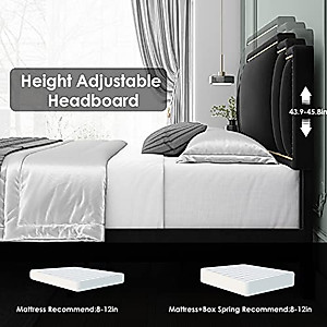 HIFIT Queen Size Modern Velvet Upholstered Bed Frame with Adjustable Headboard, Studded with Golden Iron Slice & Rivets, Platform Bed Frame with No Noise, No Box Spring Needed, Easy Assembly, Black