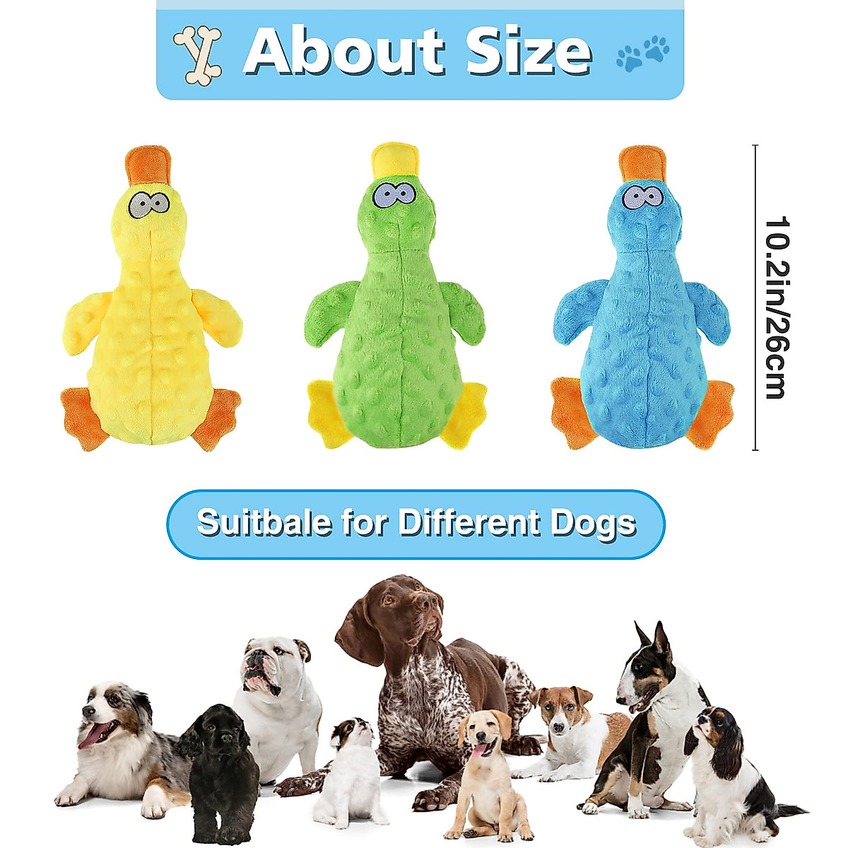 Alphatool Squeaky Dog Toys, Duck Dog Toys for Aggressive Chewer, Tough Plush Dog Toys for Large Dogs, Crinkle Interactive Puppy Dog Toys for Small Medium Dogs (3pcs)