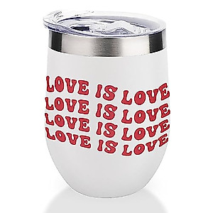 Mighun LGBT Pride Wine Tumbler with Lid Love Is Love Valentine's Day Vacuum Coffee Tumbler Stainless Steel Coffee Cup for Cold & Hot Drinks Wine Coffee Cocktails Beer 12 Oz