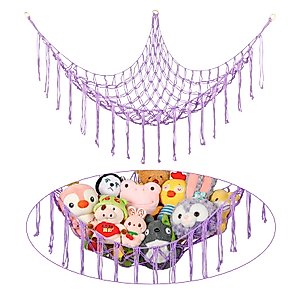Boho Stuffed Animals Net or Hammock Large,55 inch Toy Hammock Macrame Stuff Animal Storage Corner Hanging Net Holder,Mesh Hammock Plush Toy Organizer with Hooks for Bedroom,Nursery (Purple)