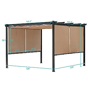 Aoodor 12 x 12 FT Outdoor Pergola with Retractable Canopy, Aluminum Frame, 2 Sides Patio Sun Shade Shelter for Backyard, Deck - Dark Brown