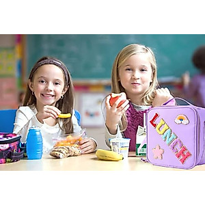 HASOIY Personalized Colorful Letter Patch Insulated Lunch Bag Custom Glitter Varsity Letters Reusable Lunchbox For Kids (purple)