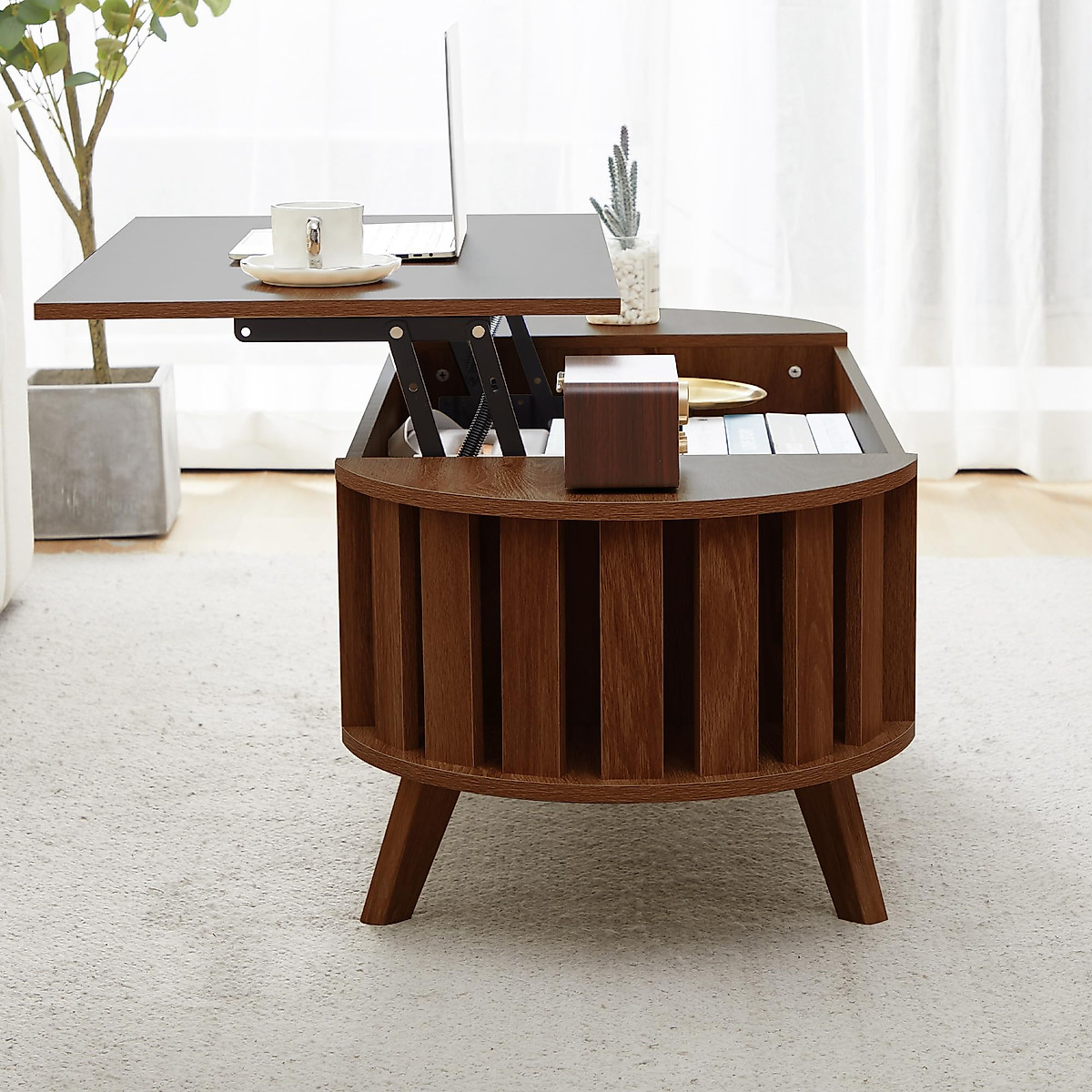 Wood Lift Top Coffee Table with Hidden Storage, 47.24" Oval Lift Table Top Curved Profile Design Low Tea Table for Living Room, Office(Walnut)