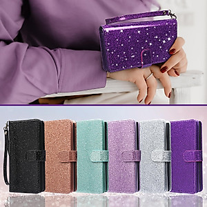 Varikke for iPhone 13 Wallet Case Detachable with Card Holder for Women, Fashion Glitter PU Leather Wrist Strap Strong Magnetic Flip Wallet Removable Phone Case Cover for iPhone 13 6.1", Dark Purple
