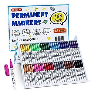 Shuttle Art 144 Pack Permanent Markers, Permanent Marker Assorted Colors, 12 Bright Colors Fine Point Permanent Markers For Kids and Adult Coloring on Wood, Stone, Glass as Office, School Supplies