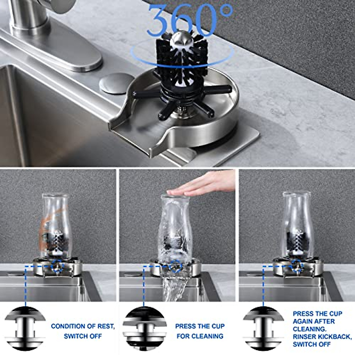 𝟮𝟬𝟮𝟯 𝗡𝗲𝘄 Metal Glass Rinser for Kitchen Sink - 360° Rotary Cup Washer with Brush, Faucet Cup Rinser Cleaner Kitchen Sink Bottle Washer for Bar, Brushed Nickel