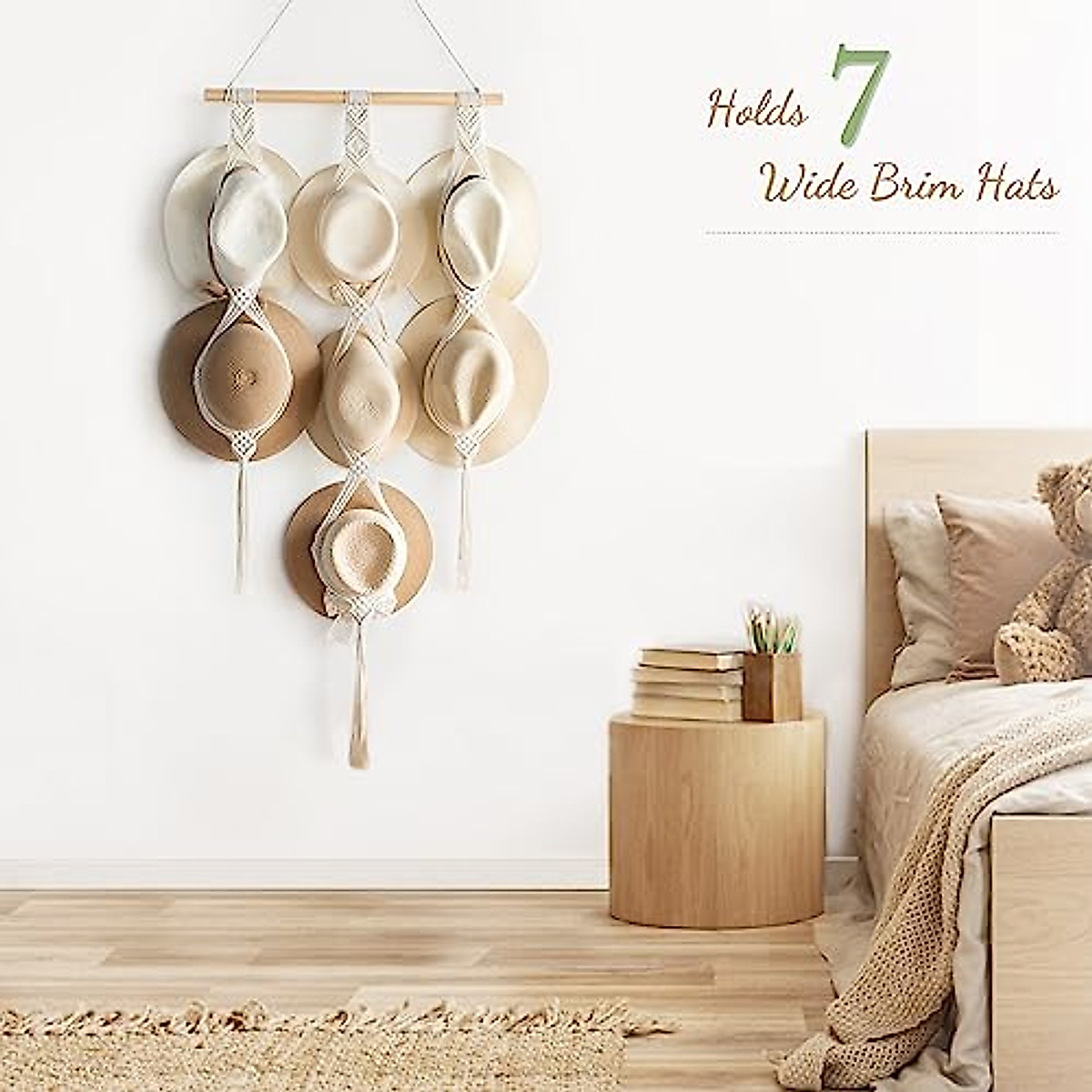 Dahey Macrame Hat Hangers Hat Rack for Wall Cowboy Hat Holder Organizer Display for Closet Hand Weaving Bobo Hanging Hat Organizer Storage for Wide Brim Hats Bowler Fedora Hats, 7 Hats Style