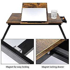 JMLHMXC Bamboo Laptop Desk Bed Tray Table Adjustable Table for Computer Tilting Top Foldable Leg with Drawer