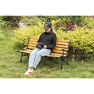 Gardenised Wooden Outdoor Park Patio Garden Yard Bench with Designed Steel Armrest and Legs, Black