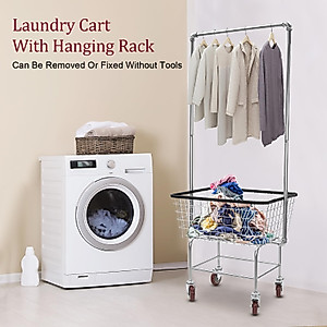 Wire Laundry Cart with Hanging Rack, Wire Laundry Basket With Wheels 27''x22''x67'', Commercial Wire Laundry Basket Cart With drying rod, Galvanized Steel Frame with 5'' Casters, Wire Basket Cart