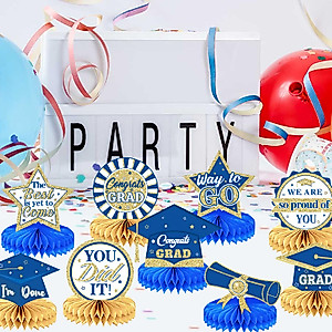 9 pieces of graduation party decoration Class of 2024 Congrats Graduation Honeycomb Centerpieces,Graduation，Congratulations Graduation honeycomb desktop decoration (Blue gold)