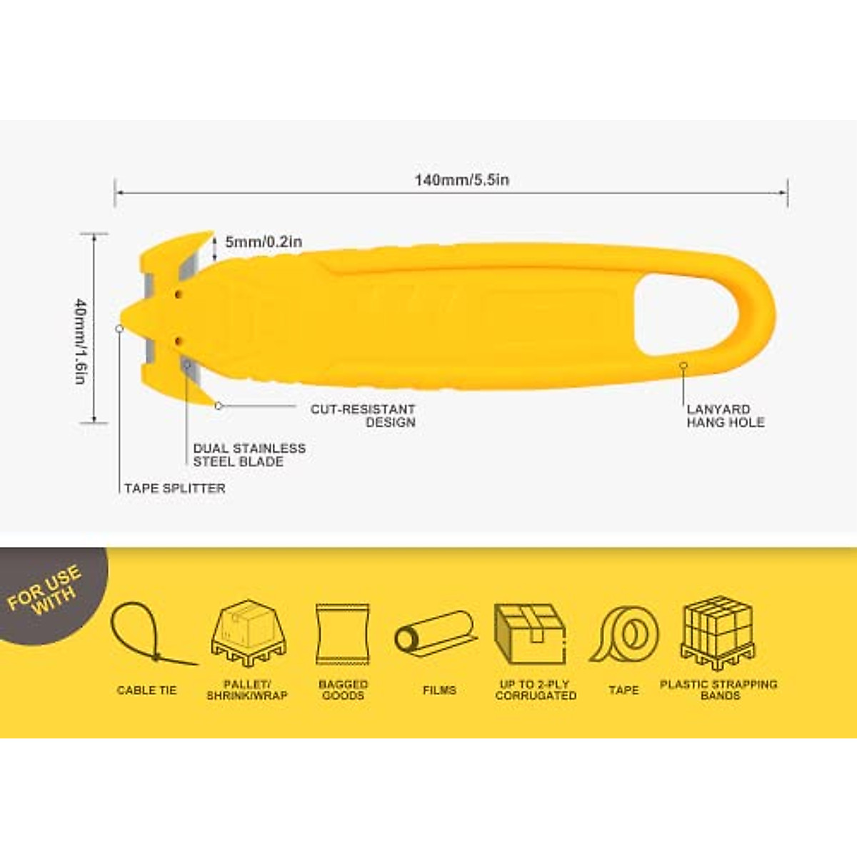 Safety Box Cutter, T TOVIA SK2 Stainless Steel Concealed Blade Package Opener with Tape Splitter for Cartons, Cardboard, Wrap, Straps, Film (10 Pieces - Yellow)