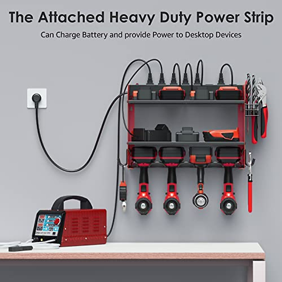 CCCEI Modular Power Tool Organizer Wall Mount with Charging Station. Garage 4 Drill Storage Shelf with Hooks, Screwdriver, Drill Bit Heavy Duty Rack, Tool Battery Holder Built in 8 Outlet Power Strip.