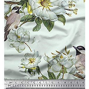 Soimoi Green Cotton Canvas Fabric Leaves,White Floral & Bird Print Fabric by The Yard 56 Inch Wide