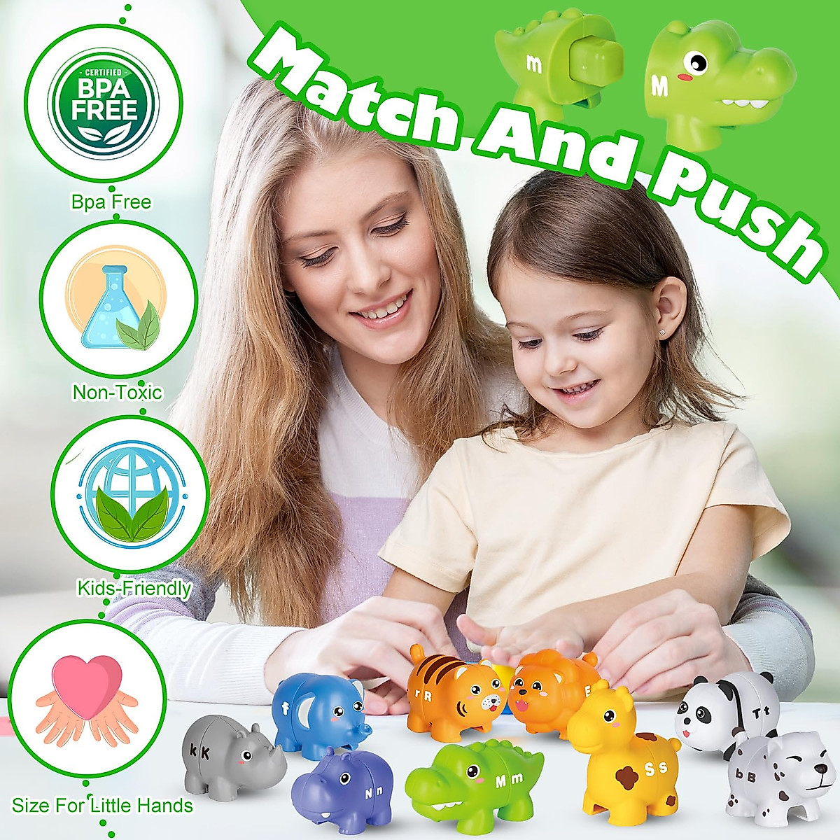 Learning Toys for 2 3 4 Year Old, 52 Pcs ABC Animal Alphabet Match Game with Uppercase Lowercase, 10 Different Animal Figures, Preschool Activities Montessori Fine Motor Toys for Toddlers Kids
