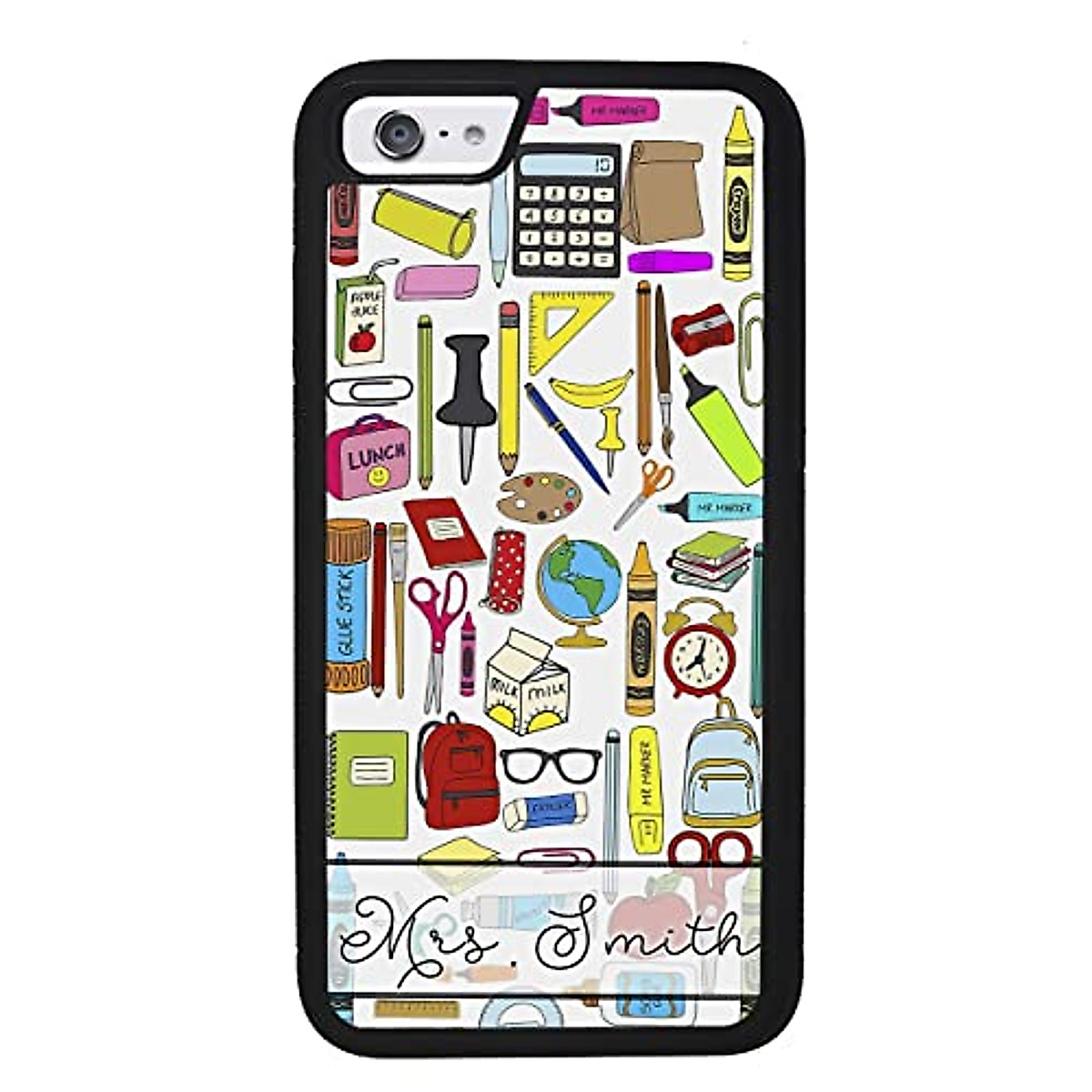 Teacher School Supplies Personalized Apple iPhone Black Rubber Phone Case Compatible with iPhone 14 Pro Max, Pro, Max, iPhone 13 Pro Max Mini, 12 Pro Max Mini, 11 Pro Max X XS Max XR 8 7 Plus