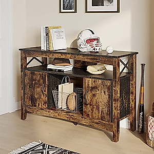 Bestier Wine Bar Cabinet with Detachable Wine Rack Insert, Farmhouse Coffee Bar Sideboard with LED Lights,Wood Entryway Console with Barn Door Rustic Brown