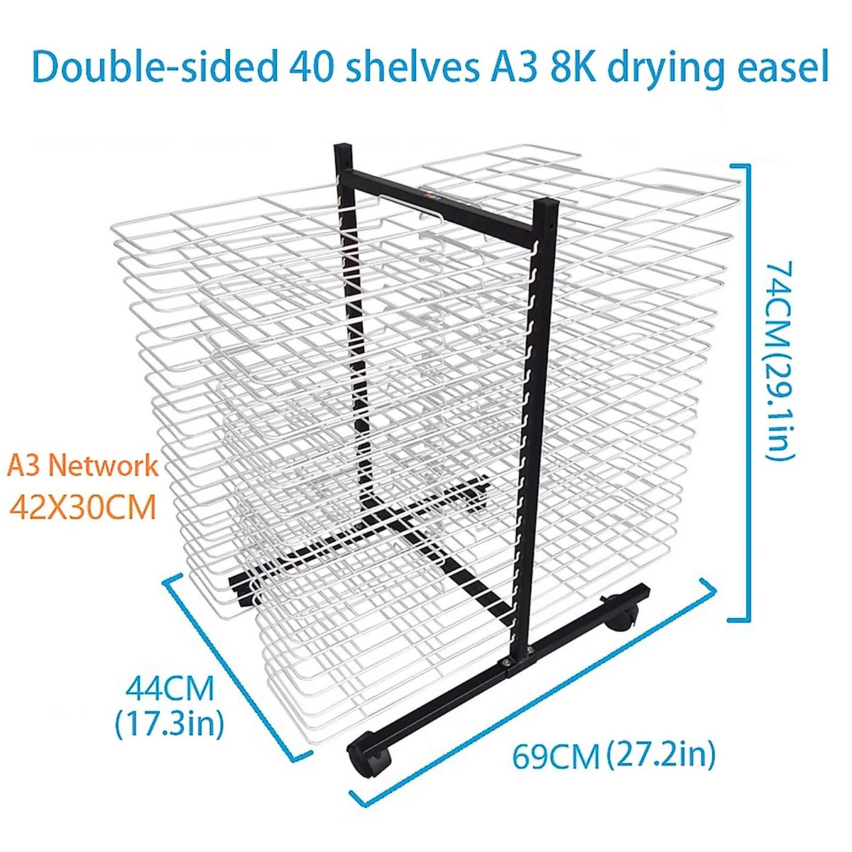 Art Drying Rack for Classroom, Mobile Paint Drying Rack Double-Sided 40 Shelves Metal Artwork Storage Display Rack Canvas Stack Rack with Wheels for Schools, Art Studios