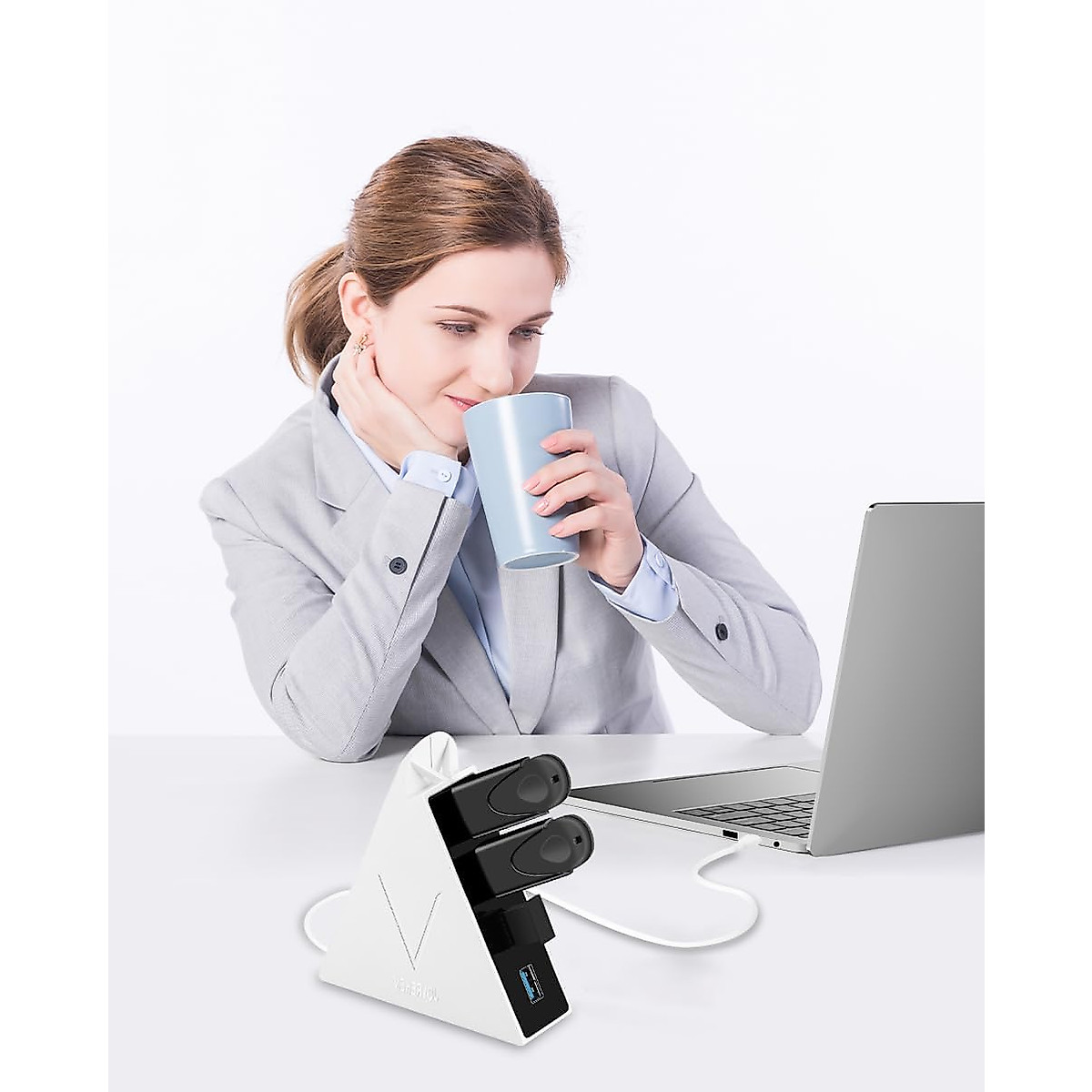 JoyReken USB 3.0 Hub,4 Port USB Hub Tower,2ft Cable USB Splitter for Laptop,PC, PS4,PS5,Xbox,Mouse,Keyboard, Flash Drive, U-Disk (White)