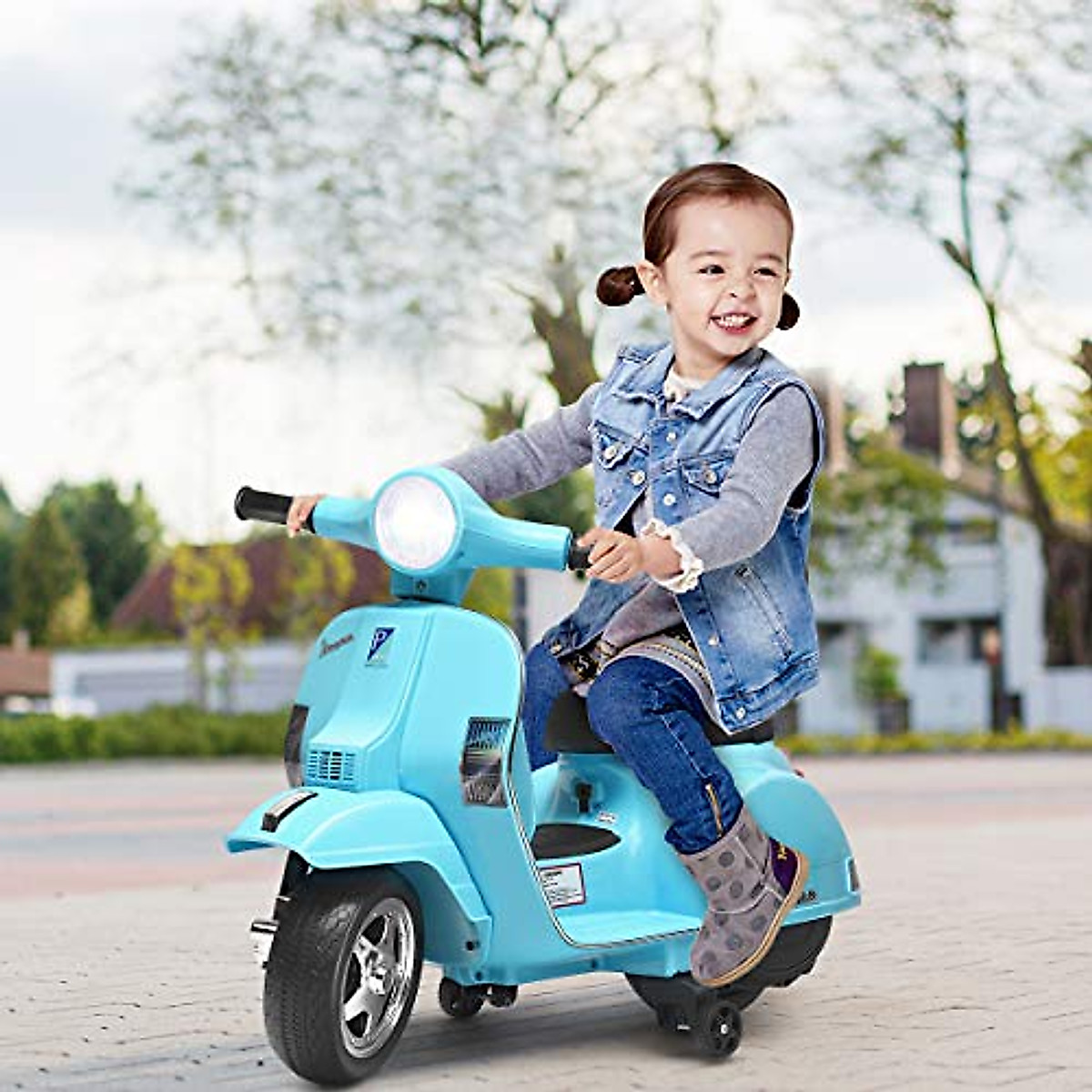 Costzon Kids Vespa Scooter, 6V Battery Powered Ride on Motorcycle w/Training Wheels, Music & Horn, LED Lights, Forward/Reverse, Rechargeable Electric Vehicle Gift for Toddler Boys Girls (Light Blue)