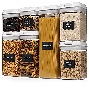 Shazo Airtight Food Storage Containers 7 Piece Set, Pantry Organizer BPA Free Plastic Flour, Pasta Containers with Easy Lock Lids for Kitchen Pantry Organization and Storage Includes Labels & Marker