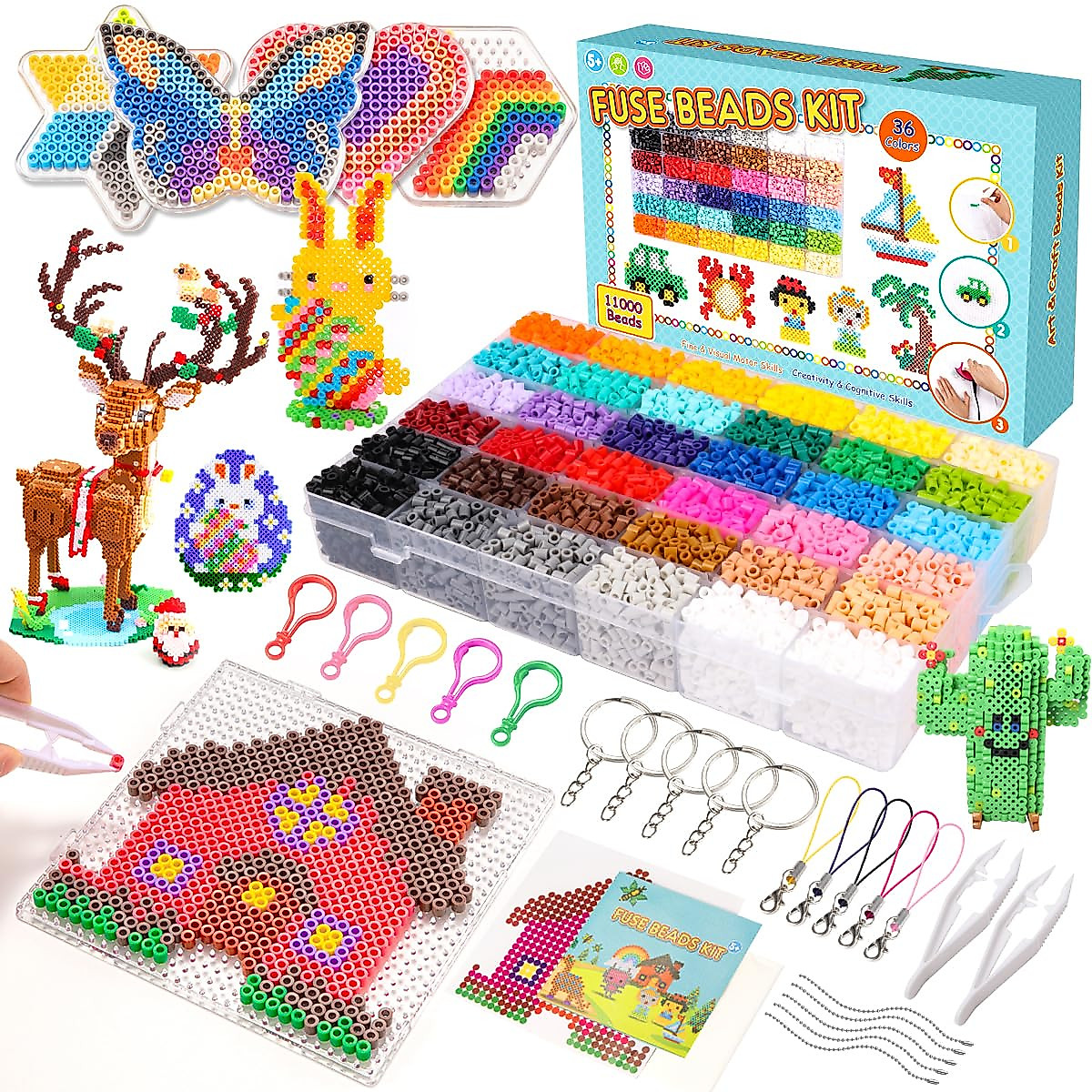 Meland Fuse Beads Kit - 11,000 pcs 36 Colors Fuse Beads Craft Set for Kids- 5MM Fuse Beads Set Including 5 Pegboards, Ironing Paper & Chain Accessories Iron Beads Christmas Birthday Gift