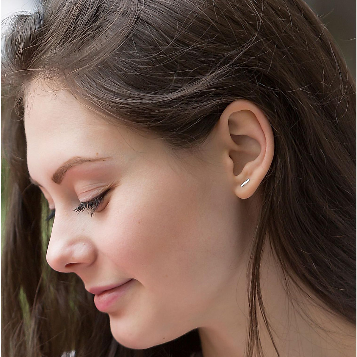 Hoberta Real 14K Solid Gold Tiny Line Bar Stud Earrings for Women & Girls - Hypoallergenic for Sensitive Ears, Small & Minimalist Jewelry for Gifts (Small Line White Gold)