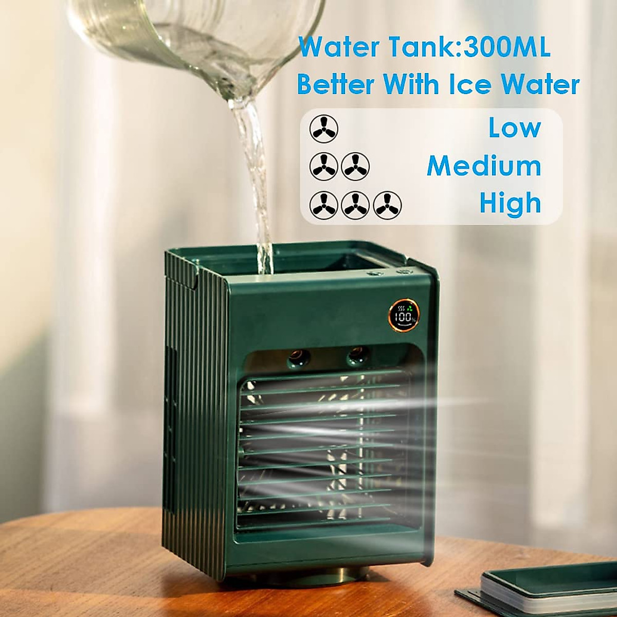 Personal Desk Fan With Cool Misting & Night Light, Built-in 300ML Water Tank Portable Air Conditioners with Handle, 120°Auto Oscillation, 4000mAh Rechargeable Battery Mini Evaporative Cooler for Small Room Camping(Green)