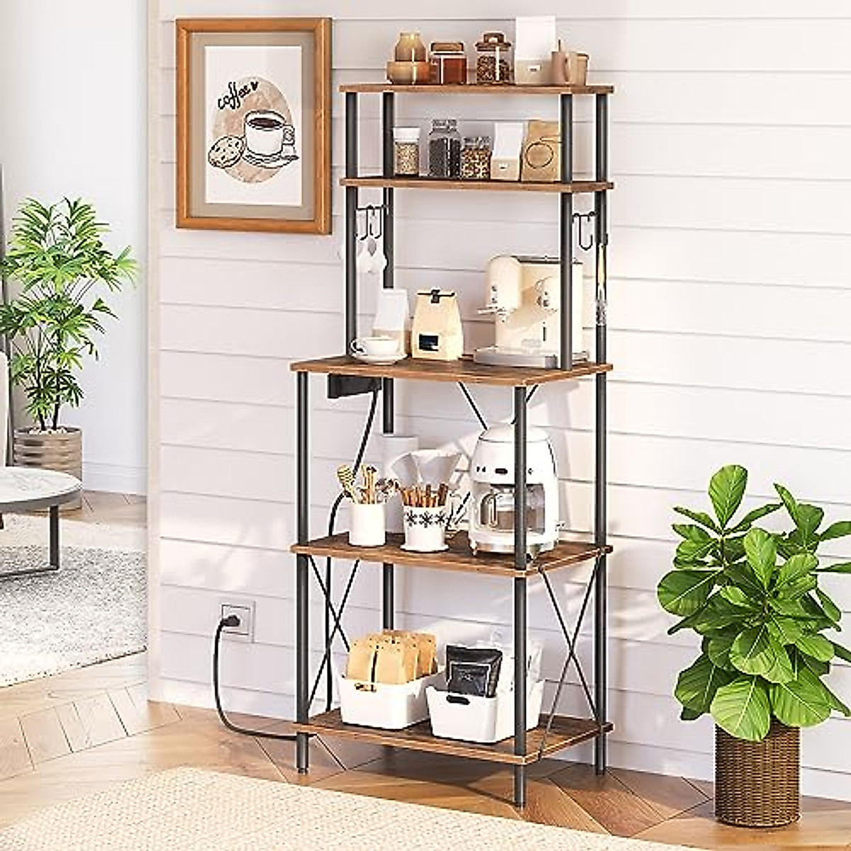 HOOBRO Bakers Rack with Power Outlets, Coffee Bar, Microwave Stand with S-Hooks, Kitchen Storage Rack for Kitchen, Entrance, Living Room, Dining Room, Office, Rustic Brown and Black BF80UHB01