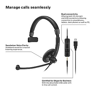 Sennheiser SC 45 USB MS (507083) - Single-Sided Business Headset | For Skype for Business, Mobile Phone, Tablet, Softphone, and PC | HD Sound & Noise-Cancelling Microphone (Black)