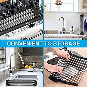 QUUREN Roll Up Dish Drying Rack, 22.8"x12.8" Over The Sink Dish Drying Rack with 2 Utensil Holder Stainless Steel Kitchen Sink Drying Rack Foldable Dish Drying Rack for Kitchen Sink (Black)