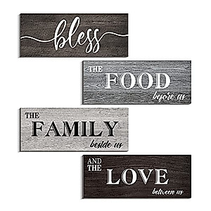 Creoate 4 Pieces Bless Food Family Love Signs for Kitchen Wall Decor Plaque, Home Farmhouse Rustic Decor, Wood Wall Hanging Decorations for Dining Room Kitchen, Christmas Gift for Home, Small (4 x 10 IN X4)