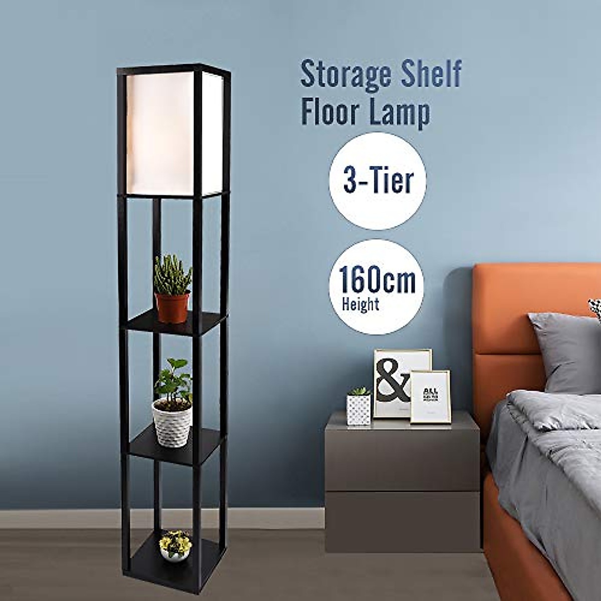ELECWISH Shelf Floor Lamp Black Standing Lamps with White Shade and Solid Wood Frame, Without Led Bulbs