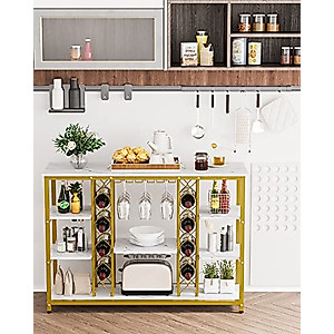 Teraves Modern Wine Rack Table, 47 Inch Wine Baker's Rack with Storage Shelves, 4 Tier Freestanding Wine Rack for Bar, Buffet, Home Kitchen Dining Room Living Room (White Marbling+ Gold Frame)