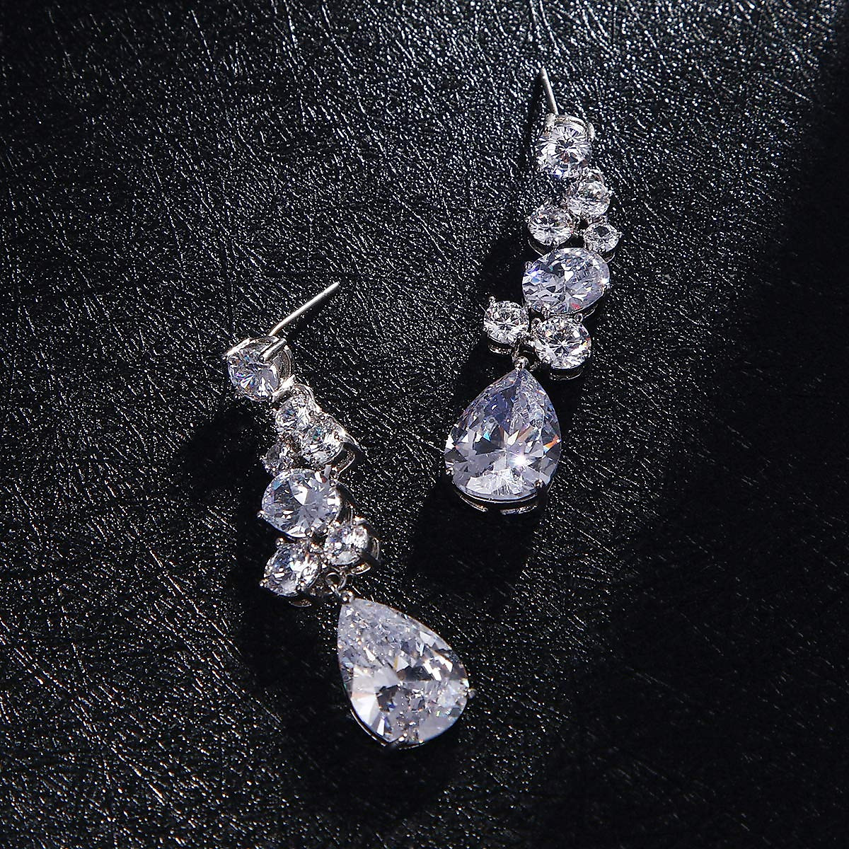 Bridal Earrings for Wedding Silver - 14k Plated Sterling Silver Teardrop CZ Cubic Zirconia Crystal Rhinestone Floarl Leaf Cluster Long Fashion Statement Costume Earrings for Wedding Party Prom
