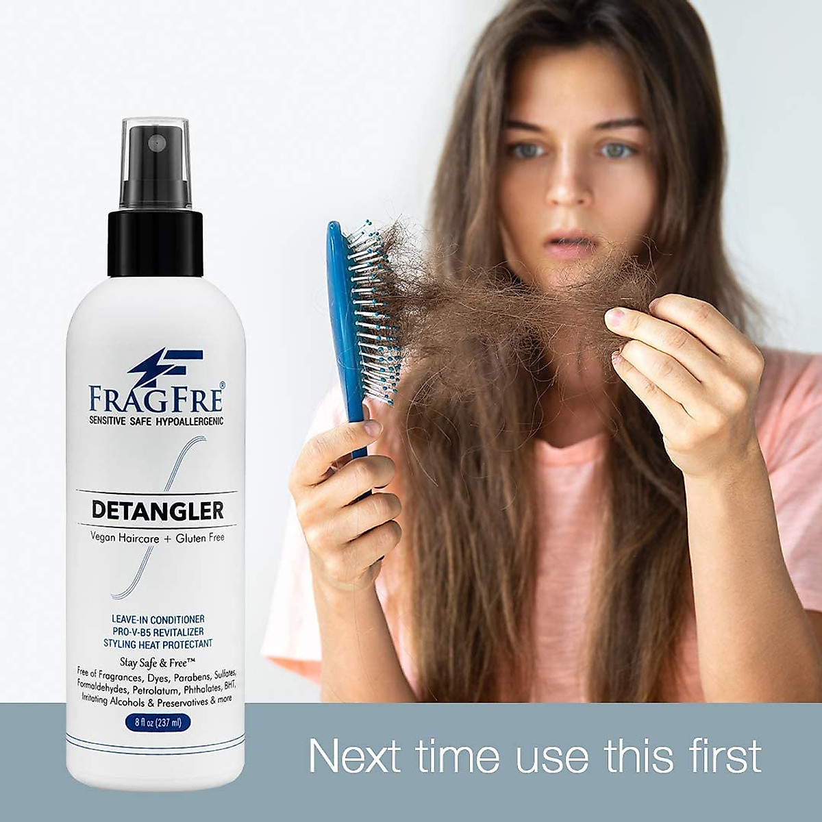 FRAGFRE Hair Detangler Spray, 8 oz - Leave in Conditioner for Sensitive Skin and Scalp - Styling Heat Protectant Spray - Gluten Free Vegan Cruelty Free