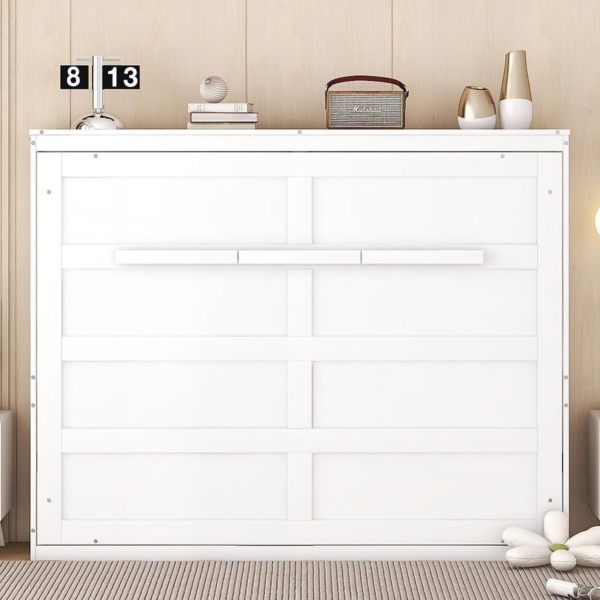 Full Size Murphy Bed Frame, Foldable Cube Cabinet Full Platform Bed, Modern Murphy Bed, Space-Saving Wall Bed for Guest Room or Home Office, No Box Spring Needed, Noise Free (White)