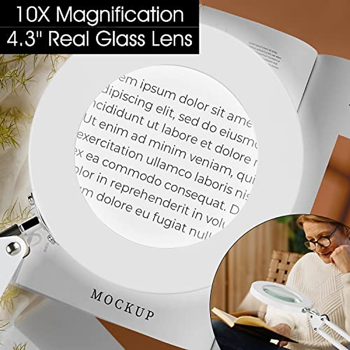 Qsky Magnifying Glass with Light and Stand, 10X Magnifying Lamp, 2-in-1 Desk Lamp with Clamp,3 Color Modes & Stepless Dimmable, LED Lighted Magnifier for Reading, Crafts, Repair, Close Work (White)