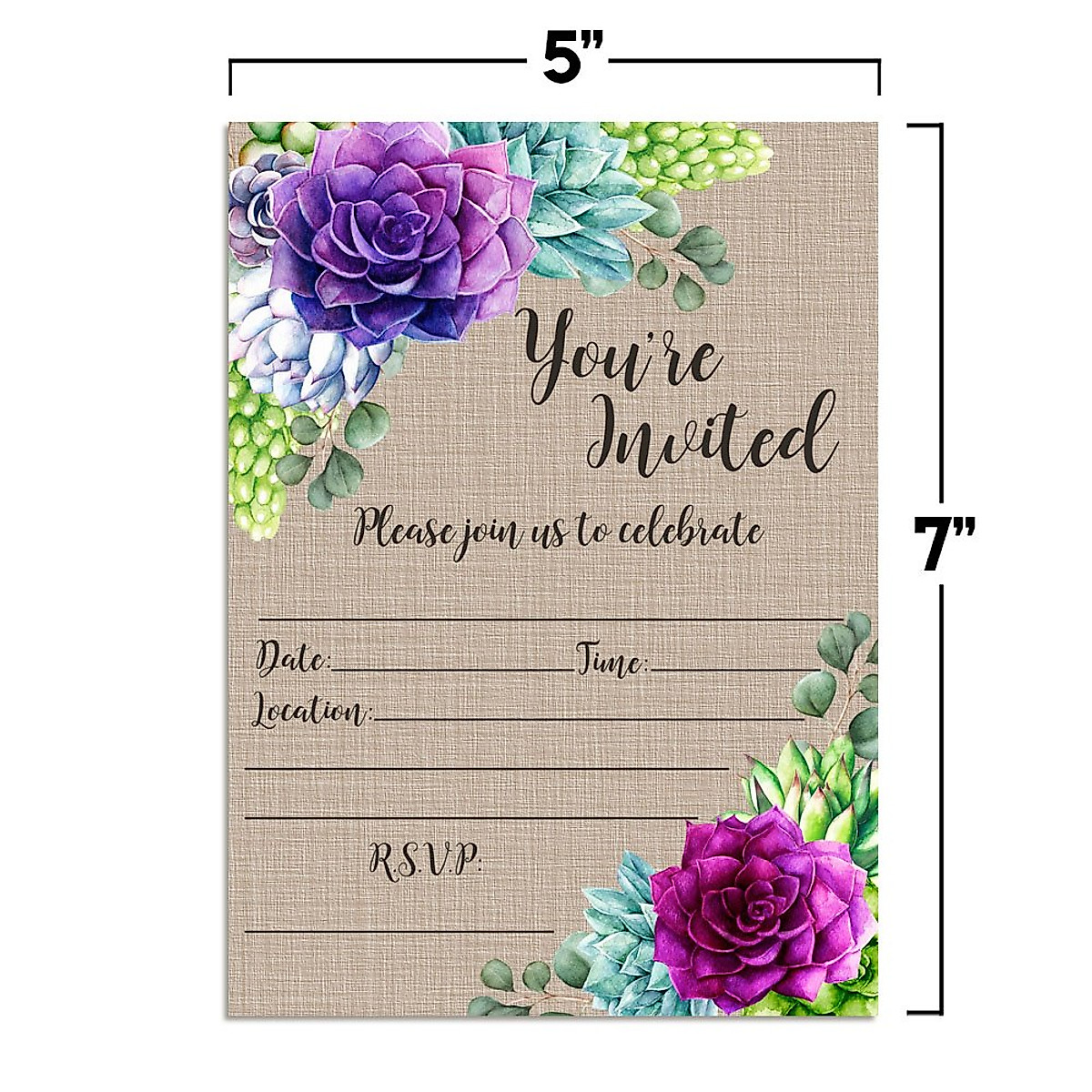 Watercolor Succulent Party Invitations for Birthdays, Baby Showers, Bridal Showers and More! 20 5x7 Fill In Cards with Twenty White Envelopes by AmandaCreation