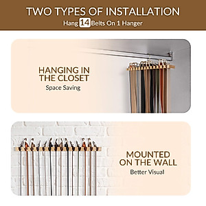 ZEDODIER Belt Hanger for Closet, Sturdy Wood Belt Rack for Men and Women, 14 Storage Capacity, Space Saving Hanging Belt Holder for Closet Organizers and Storage, Natural