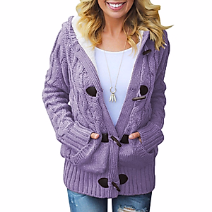 Dokotoo Womens Fashion 2024 Ladies Winter Hooded Casual Fluffy Cardigans Sweaters Solid Open Front Long Sleeve Cable Knit Sweaters Fleece Coats Outerwear with Pockets Purple Medium