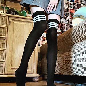 DRESHOW 6 Pairs High Thigh Socks Striped Over Knee Thin Tights Long Stocking for Women Leg Warmer