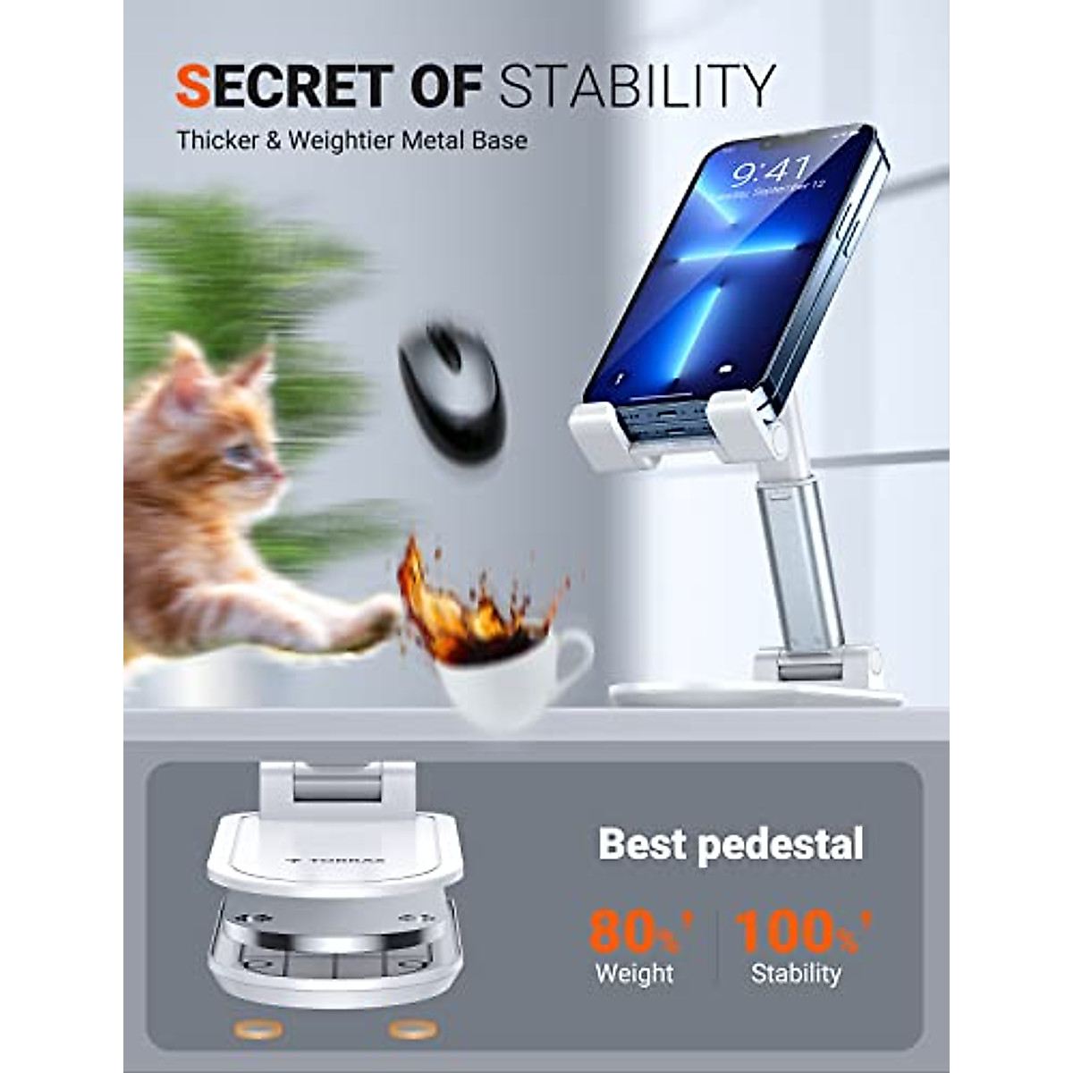 TORRAS Foldable Cell Phone Stand for Desk [Ultra-Portable] Adjustable Desktop Phone Holder Thick Case Friendly Phone Dock Compatible for iPhone 13 12 11 Pro Max, Samsung Galaxy S21+Ultra Note 20 & All