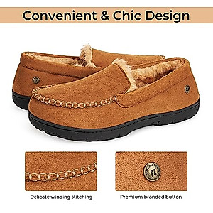 HomeTop Men's Classic Memory Foam Moccasin Slippers, Warm Comfy Microsuede House Shoes for Indoor Outdoor Chestnut, 11 US